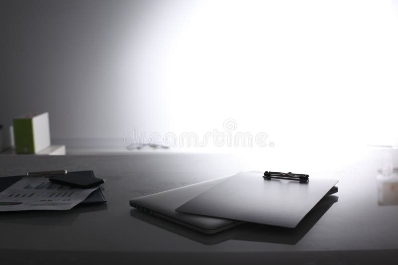 Office Objects and Computer on White Table Stock Image - Image of data ...