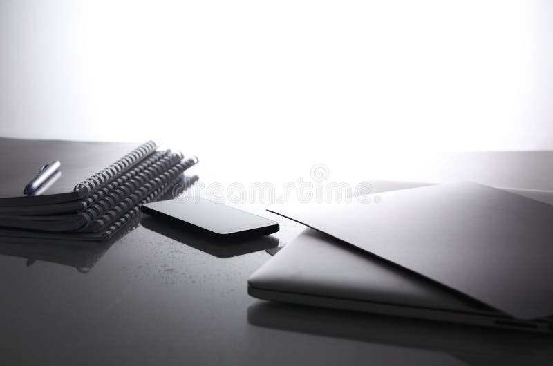 Office Objects and Computer on White Table Stock Photo - Image of ...
