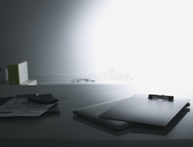 Office Objects and Computer on White Table Stock Photo - Image of empty ...