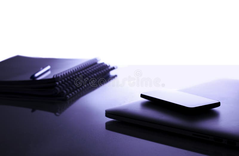 Office Objects and Computer on White Table Stock Photo - Image of blank ...