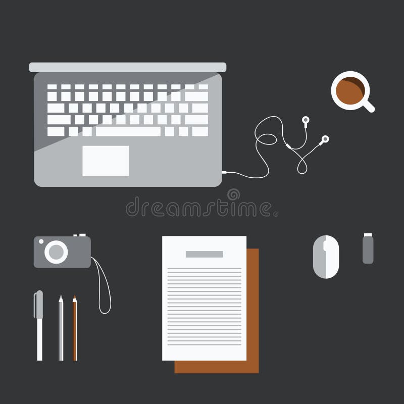 Office Objects Flat Design on Grey Background Stock Illustration ...