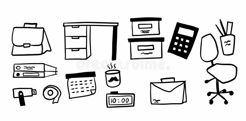 Office Objects Theme Illustration Pack Minimalist Doodle Vector for ...