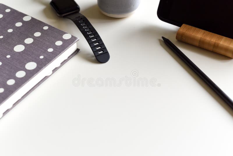 Office Objects on a White Desk in Light Modern Style with Copy Space ...