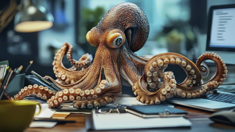 Office Octopus Multitasks with Papers and Stationery Stock Illustration ...