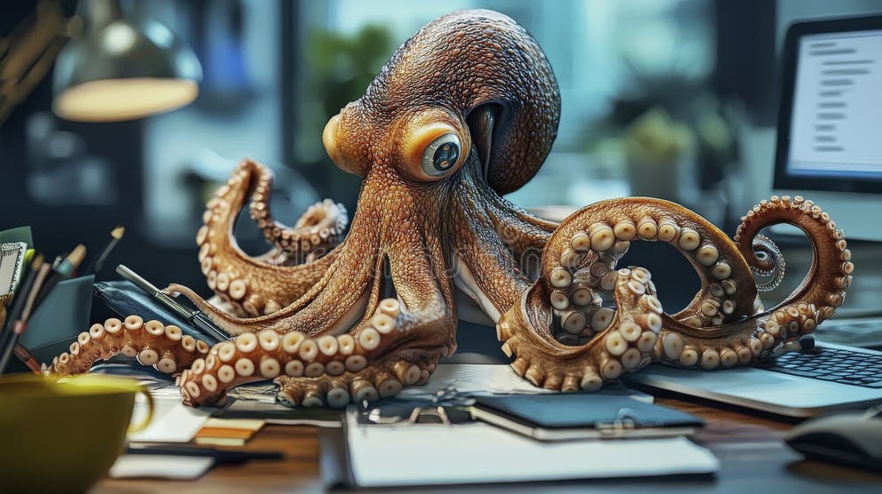 Office Octopus Multitasks with Papers and Stationery Stock Illustration ...