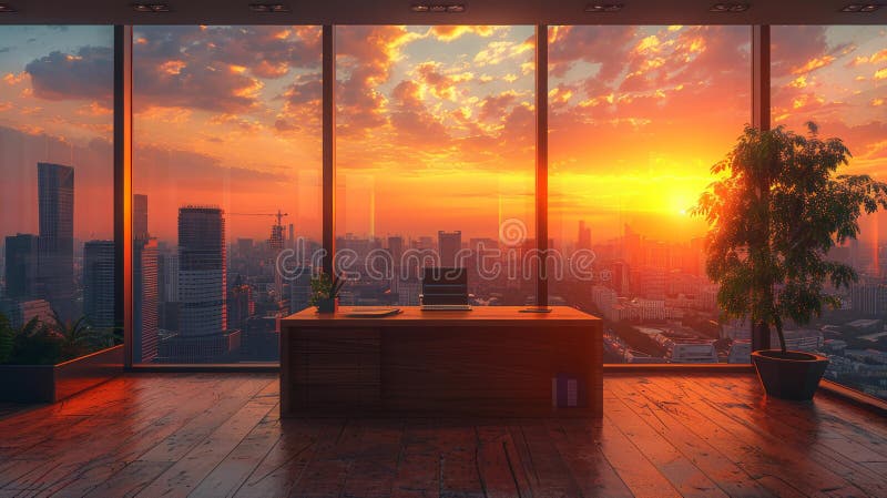 Office with Panoramic Sunset View - Generative Ai Stock Illustration ...