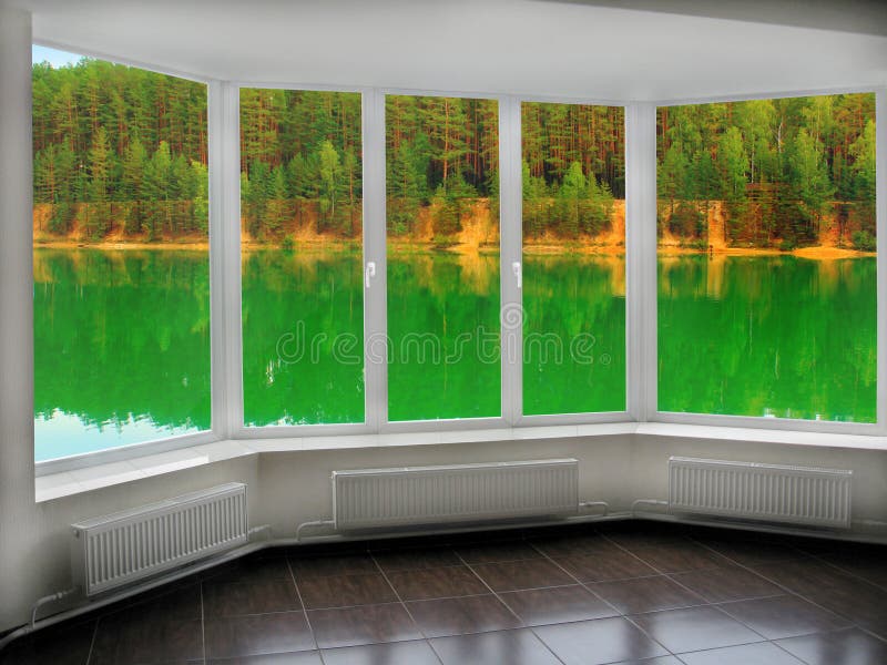 Office Panoramic Windows with View To Forest Lake Stock Image - Image ...