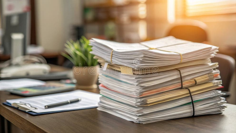 Office Paperwork Stack High-Volume Documents, Close-up, Overwhelmed, Paperwork Management ...