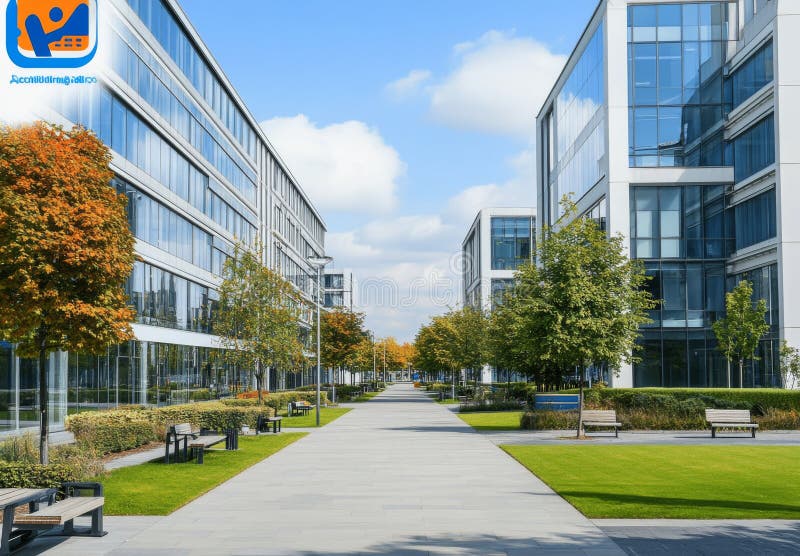An Office Park Featuring Lush Green Lawns, Towering Trees, and a Bench ...