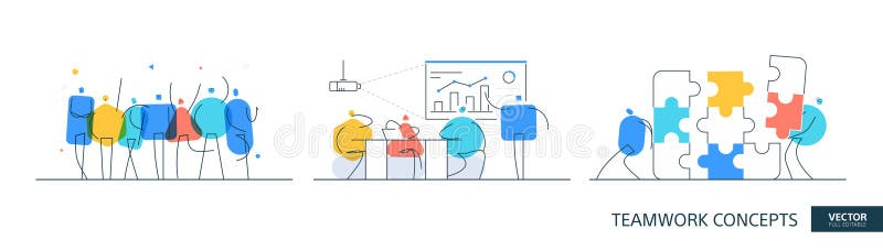 Office Partnership Illustrations Set in Thin Line Style. Cartoon Puzzle ...