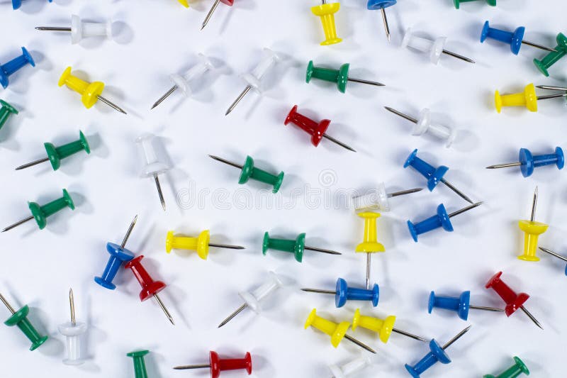 Office Pattern. Colored Office Pins Close-up on White, Top View Stock ...