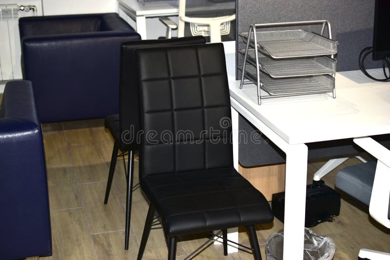 Office PC Desk with White Bedside Tables and Chairs Stock Image - Image ...