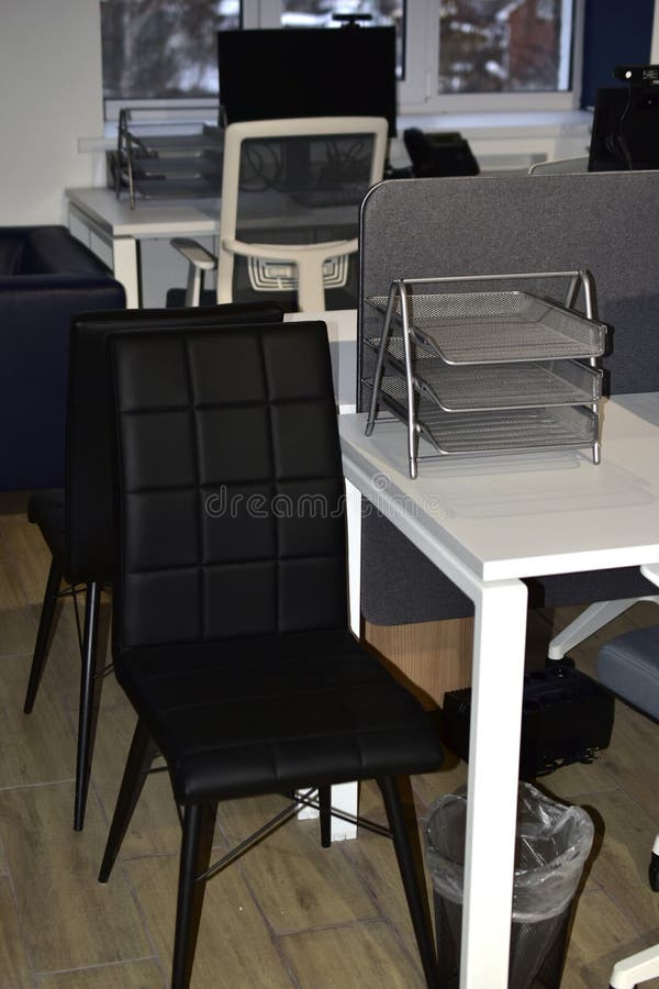 Office PC Desk with White Bedside Tables and Chairs Stock Photo - Image ...
