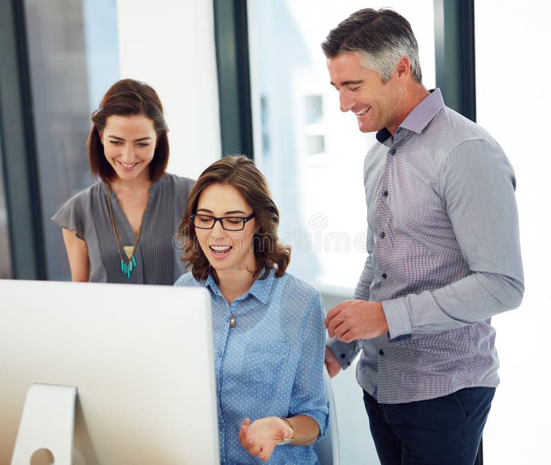 Office, People and Happy on Computer with Teaching or Learning on New ...