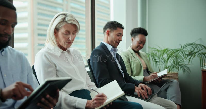 Office, People and Waiting Room in Row for Job Interview with Research ...