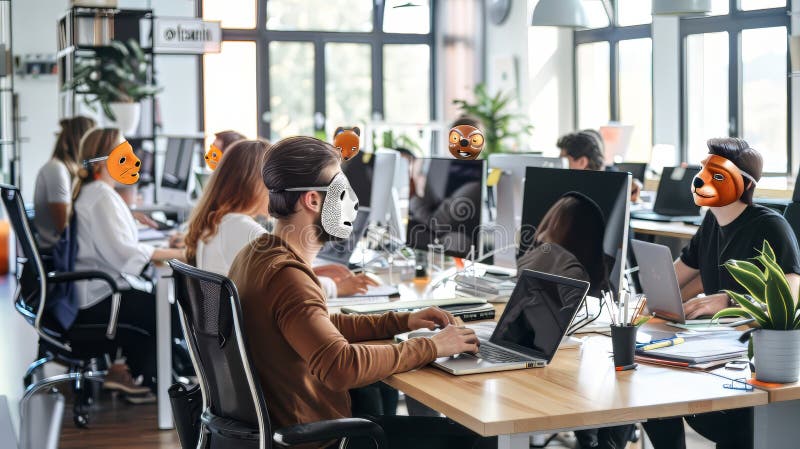 Office with People Wearing Masks Facing Computers in a Collaborative ...