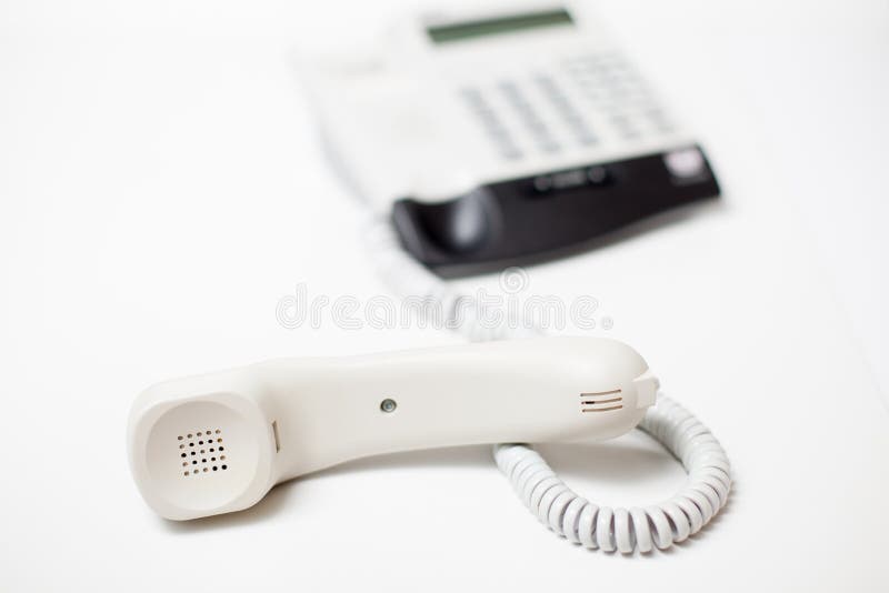 Office Phone Device with Phone Cord. Waiting of Answer . Small Depth of ...
