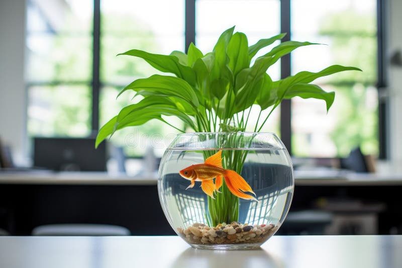 Office Plant Next To Fish Bowl with Single Goldfish Stock Photo - Image ...