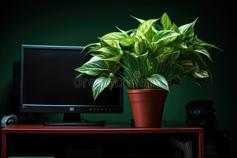 Office Plant Sitting Next To a Computer Monitor Stock Image - Image of ...