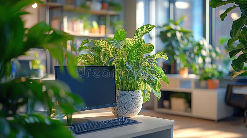 Office Plants Desktop Sunlight Modern Workspace Stock Photo - Image of ...