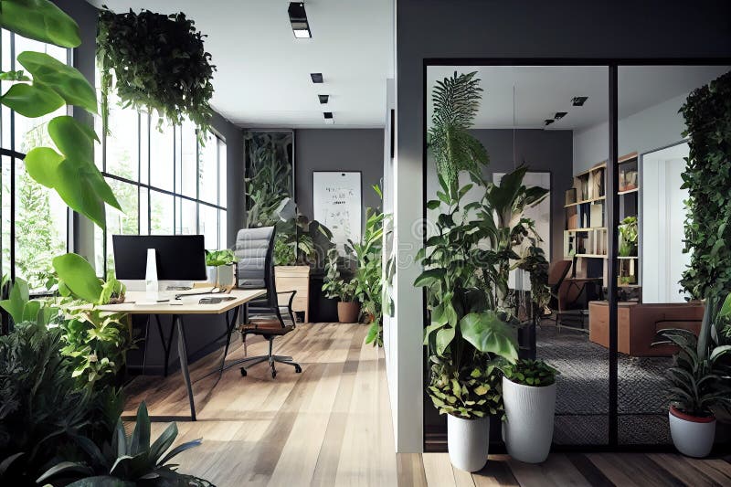 Office with Plants of Different Types and Sizes, Giving the Office a ...