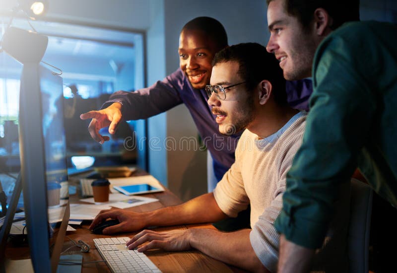 Office, Pointing and Business People with Teamwork by Computer for ...