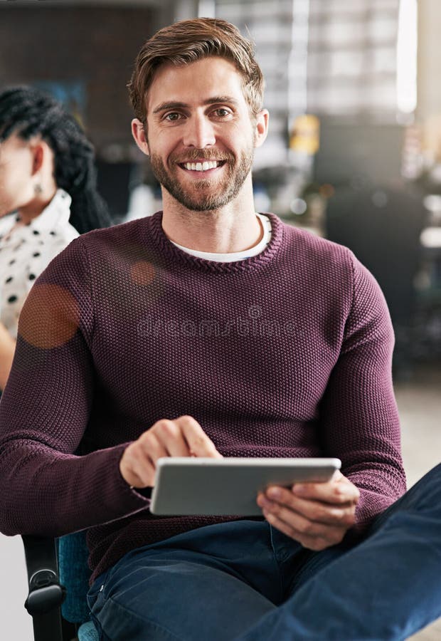Office, Portrait and Business Man on Tablet in Meeting for Networking ...