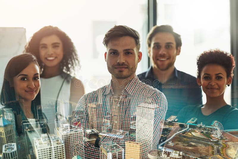 Office Portrait And Business People With City Overlay With Success