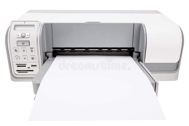 A Printer with Blank Paper Forms on a Yellow Background. Stock Photo ...