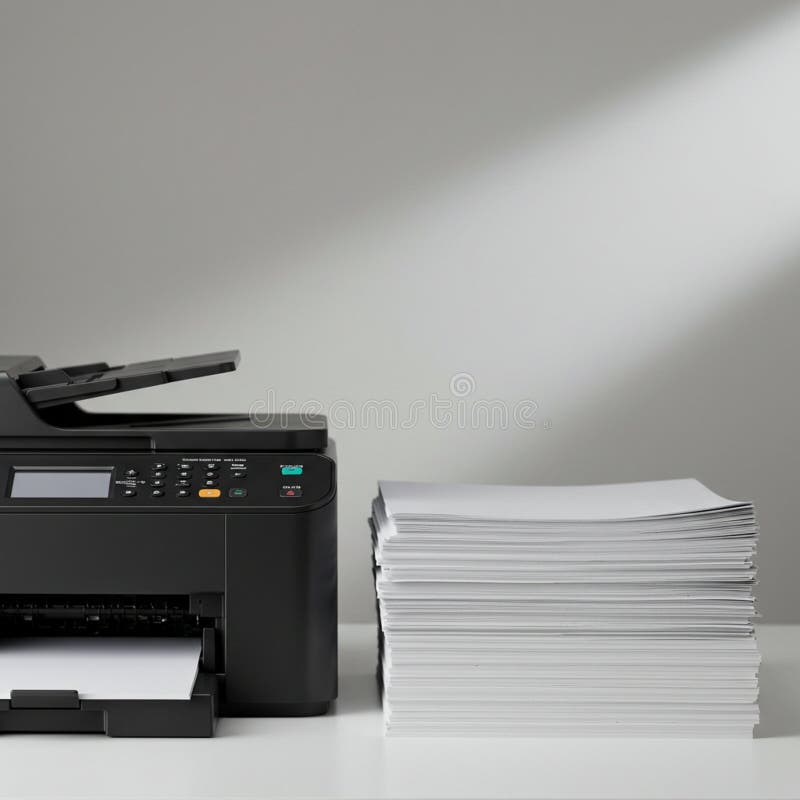An Office Printer is Displayed on a White Surface Next To a Large Stack ...