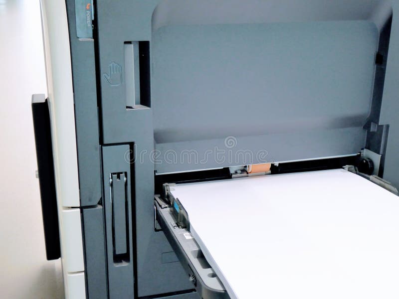 Office Printer with Paper Closeup. in Hallway Stock Photo - Image of ...