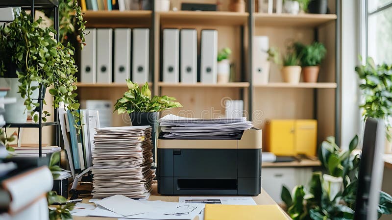 Office Printer with Stacked Papers on Desk Stock Photo - Image of files ...