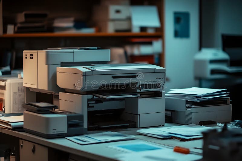 Office Printers and Copiers on Desk in Business Workspace Setting Stock ...
