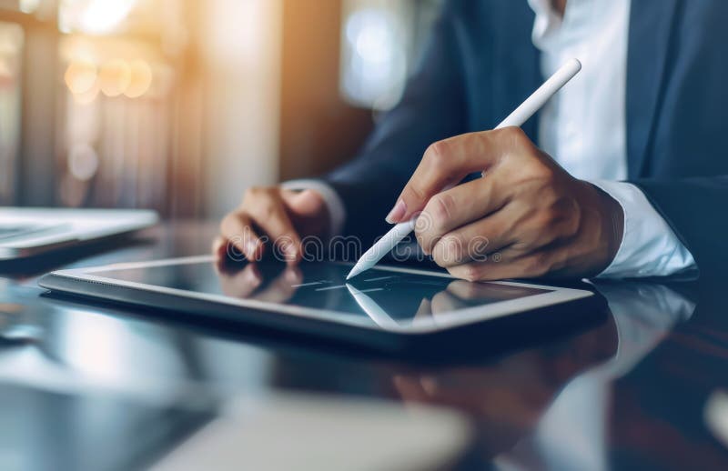 In an Office, a Professional Uses a Stylus and a Tablet To Boost Work ...