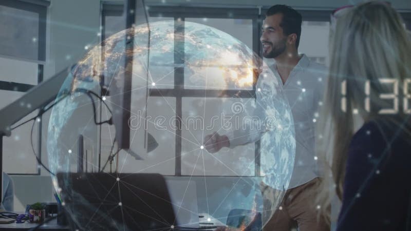 In Office, Professionals Smiling with Digital Globe and Network ...