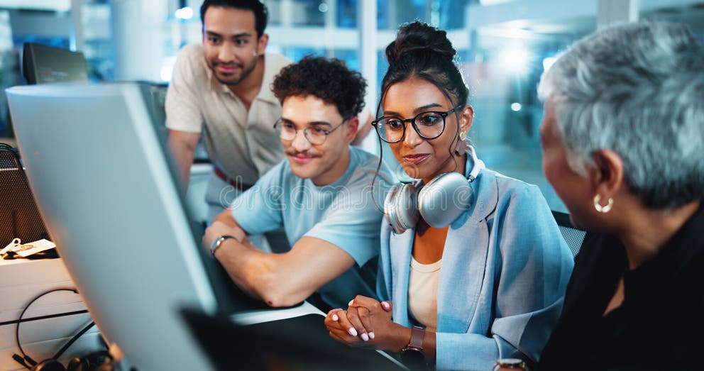 Office, Programmer and Group with Computer, Discussion and ...