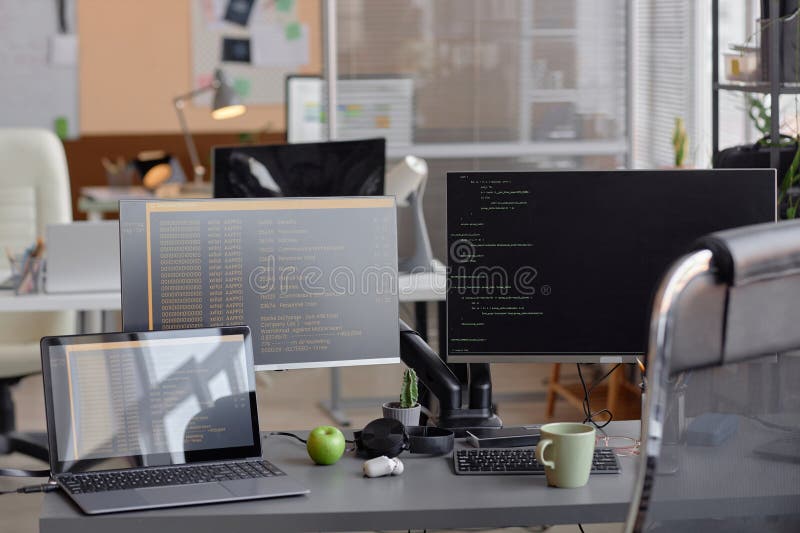 Office Programming Desk Setup with Computer and Laptop Stock Image - Image of multiple ...
