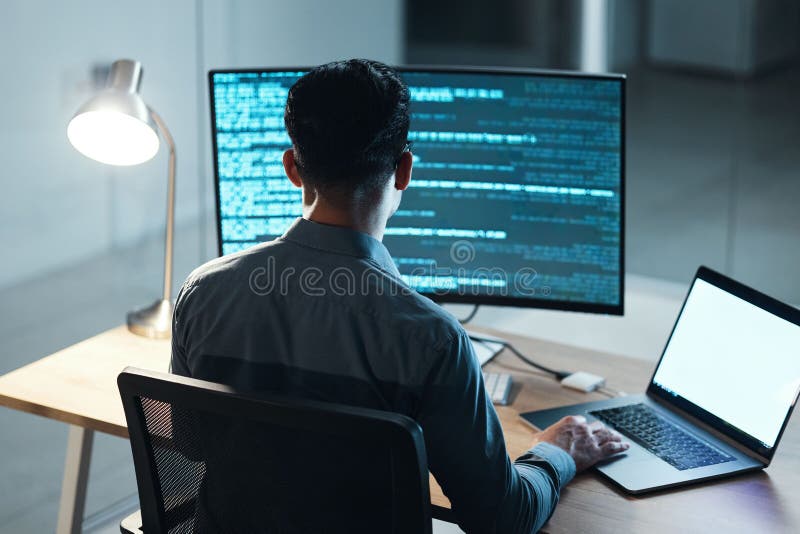 Office Programming And Man With Technology Code And Typing With Data Analytics Cyber Security