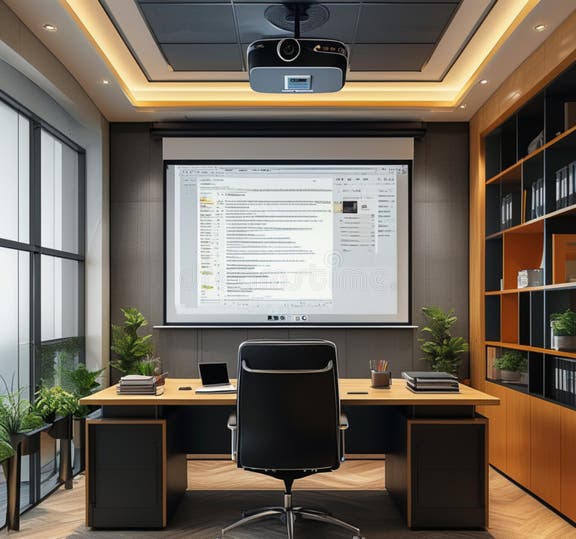 Office Projector in Office Room in Front of Computer Table Stock ...