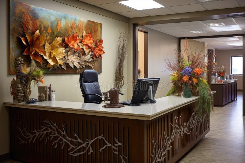Office Reception Area, Garland Decorations on the Front Desk Stock ...