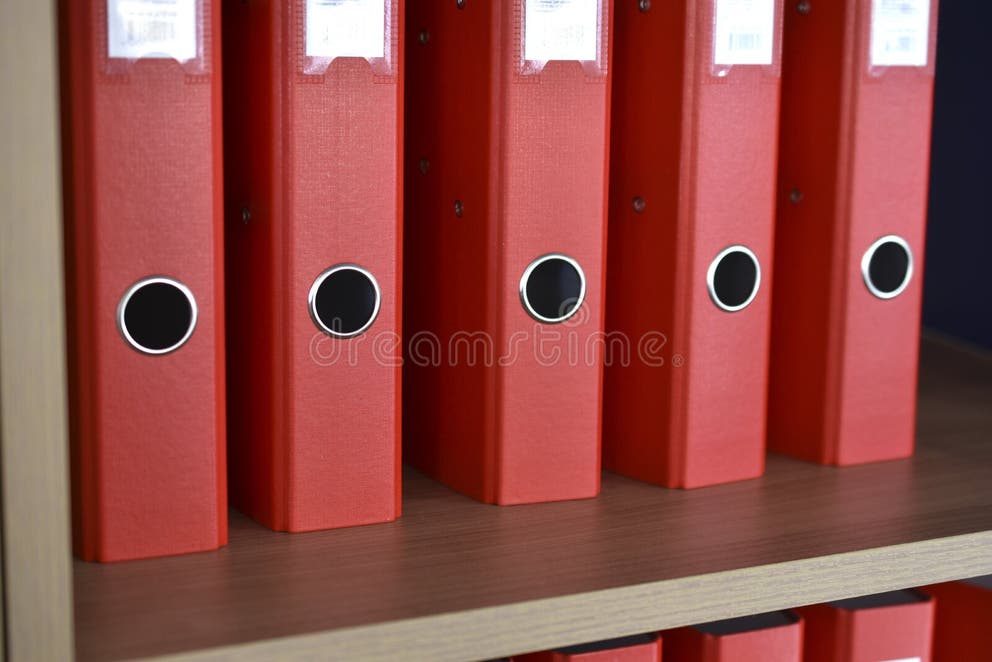 Office Red Folders on the Shelf in the Office Stock Photo - Image of ...