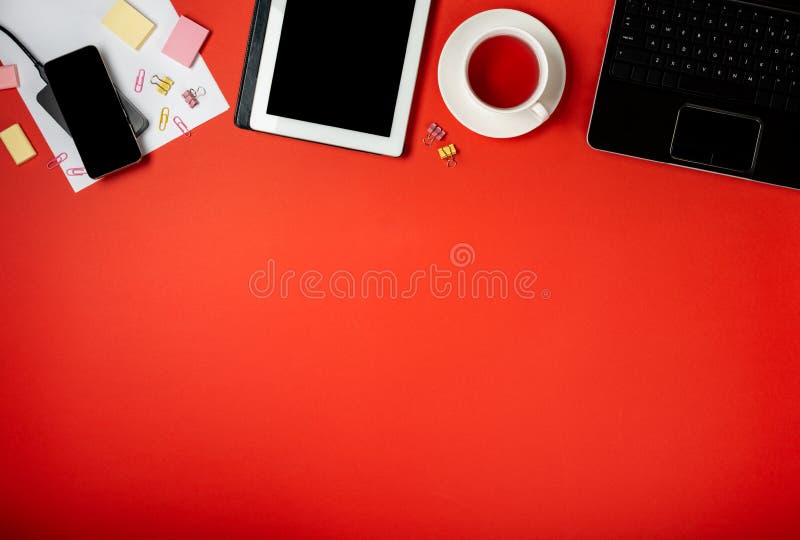 Office Red Workspace with Office Supplies and Copy Space. Stock Photo ...