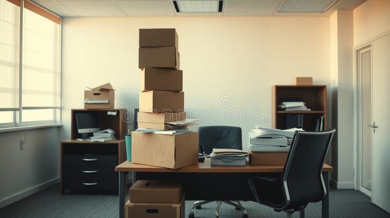 Office Relocation: Cardboard Boxes and Paperwork Piled High on a Desk ...
