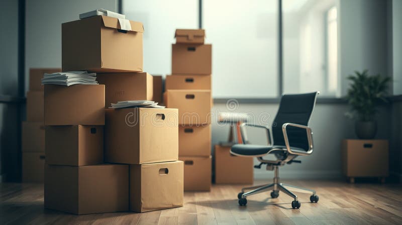 Office Relocation: Cardboard Boxes Stacked in an Empty Office Space with an Office Chair ...