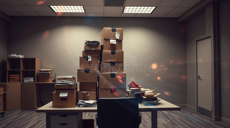 Office Relocation or Move in Progress. Many Boxes and Files on a Desk ...