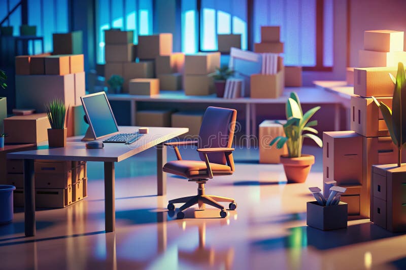 Office Relocation in Progress Empty Workspace Cardboard Boxes and ...