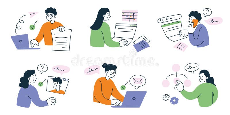 Office and Remote Work Set. Flat Cartoon Characters Working Stock ...