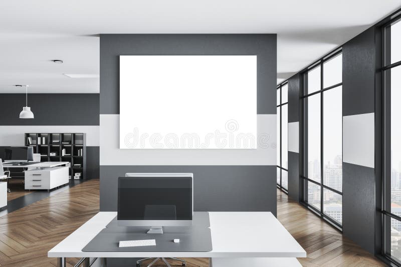 Office Room with Computers and Blank Poster on Wall Stock Illustration ...