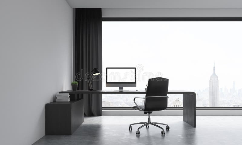 Office Room with Large Window and Computer Stock Illustration ...