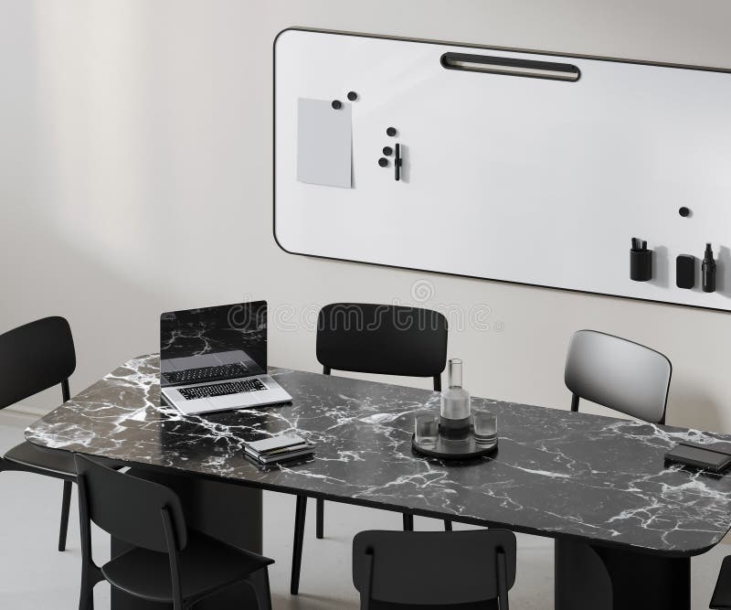 Office Room for Meetings with Long Conference Table and Chairs, Laptop ...